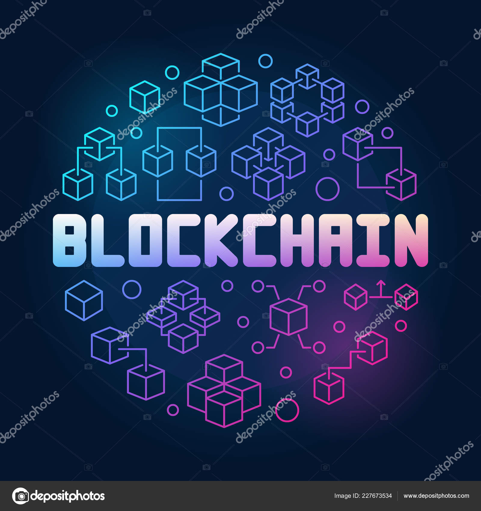 Blockchain technology round colored vector line illustration Stock ...