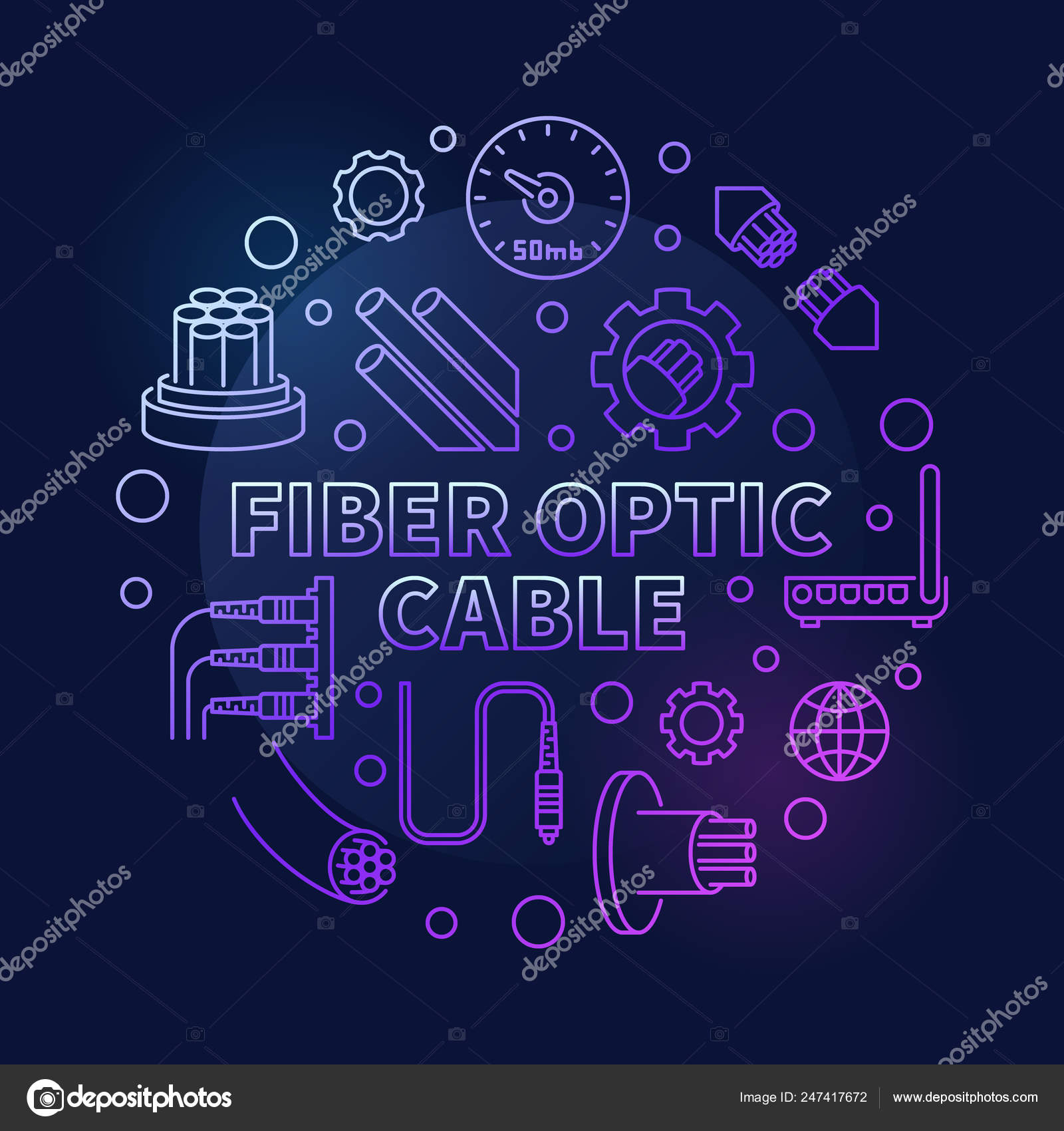 Vector Fiber Optic Cable round colored outline illustration Stock ...