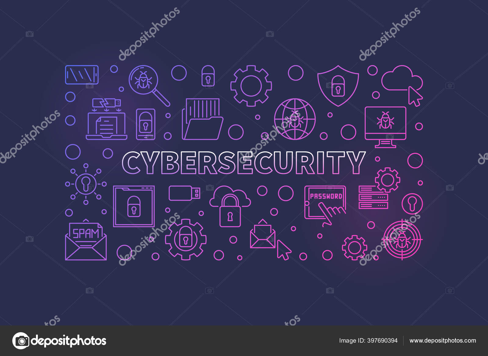 Cybersecurity vector outline colored horizontal illustration Stock ...
