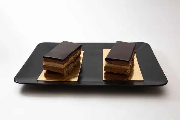 Piece Cake Black Rectangular Plate White Background Stock Photo by ...