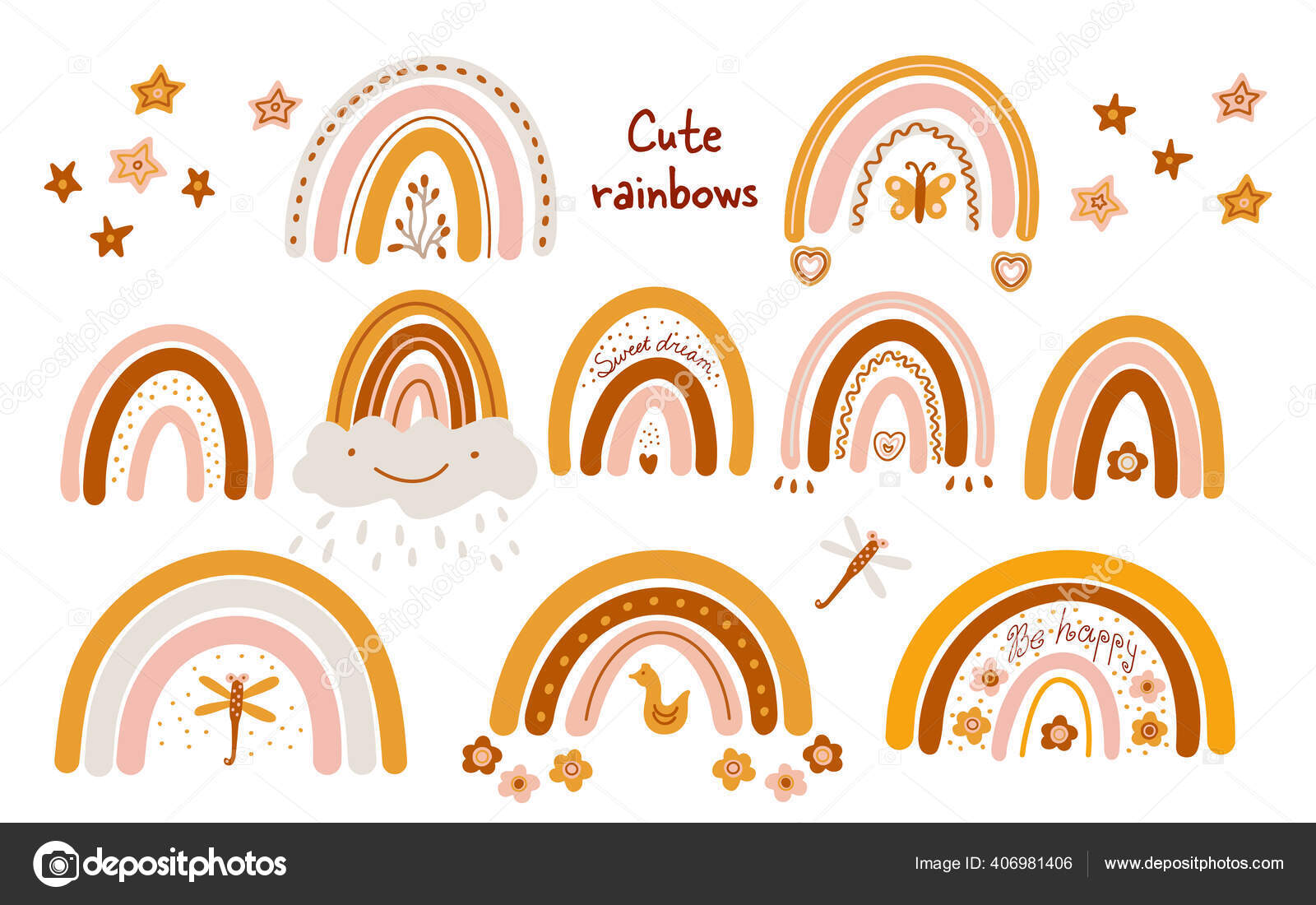Set Cute Vector Posters Boho Rainbows Decorated Dragonfly Butterfly ...