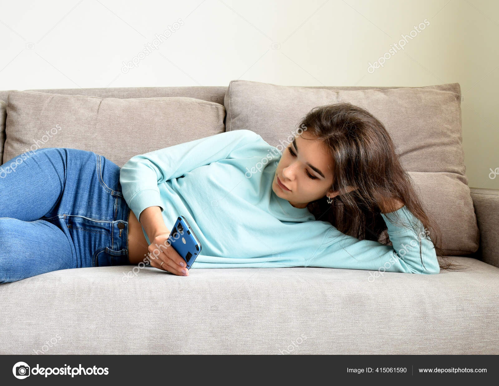 Bored Young Woman Lying Sofa Casual Clothes Resting Her Hand Stock ...