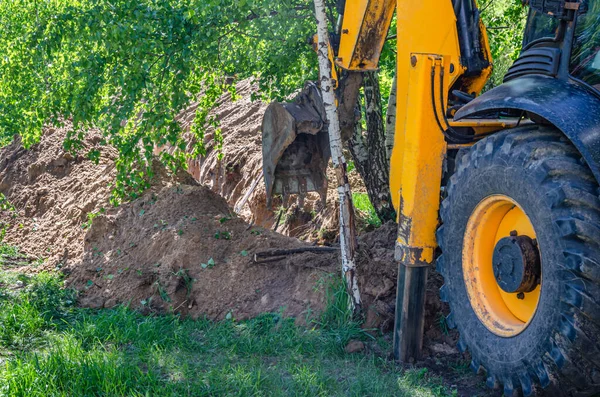 Excavator Three Diggers Dig Trench Lay Drainage Pipe Public Road ...