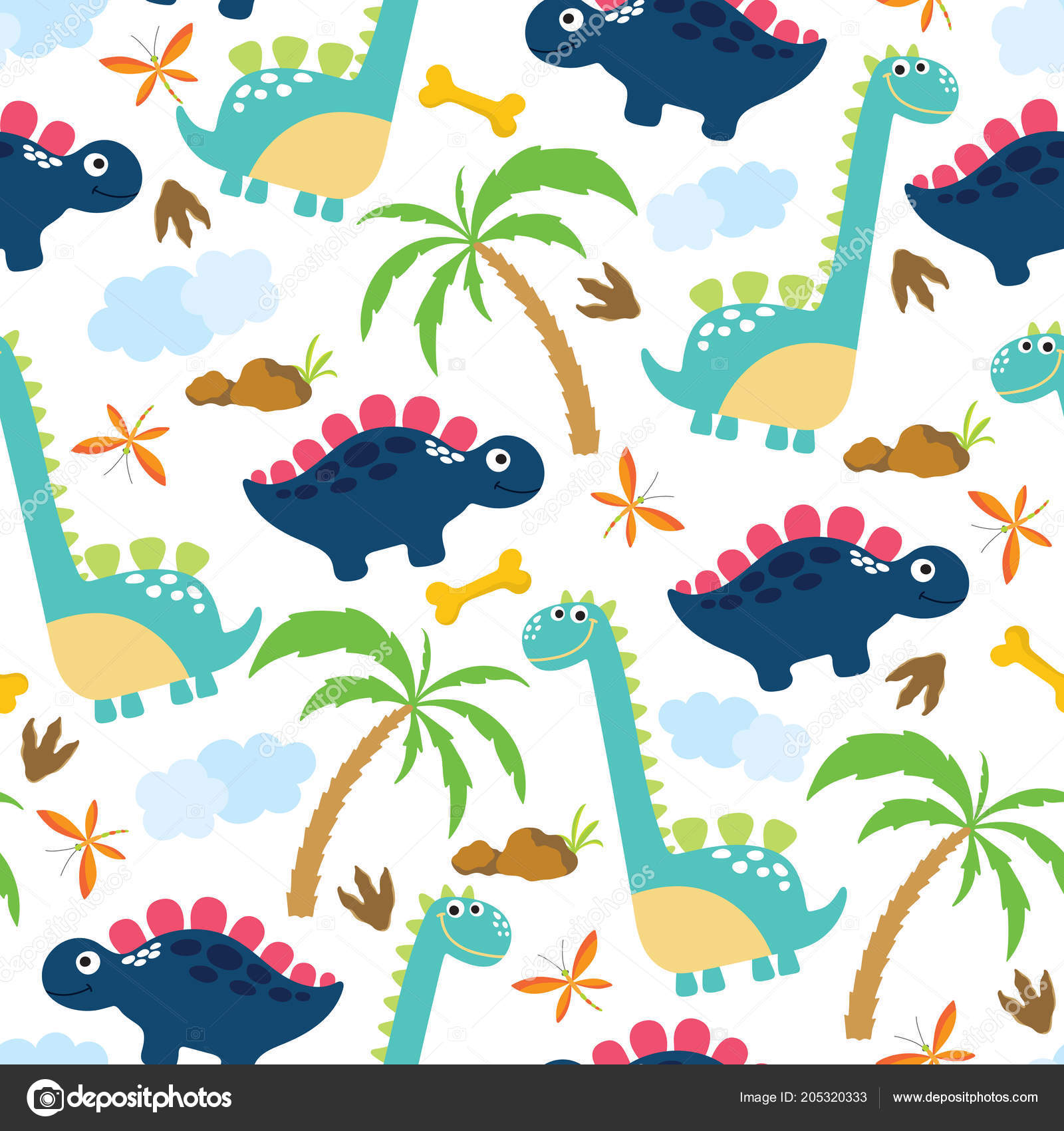 Cute Dino Seamless Pattern Vector Illustrations White Background Stock ...