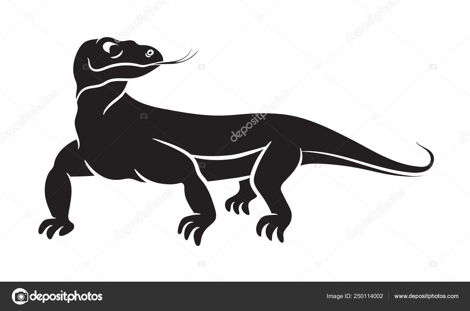 Varanus, komodo naga siluet hitam pada latar belakang putih Vektor Stok ...