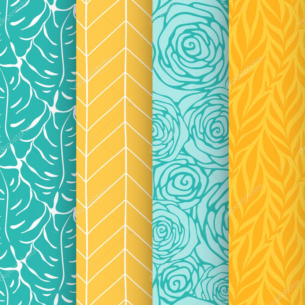 Monstera, rosas, hojas, conjunto de patrones geom tricos sin costura. Colecci n de fondo simple ...