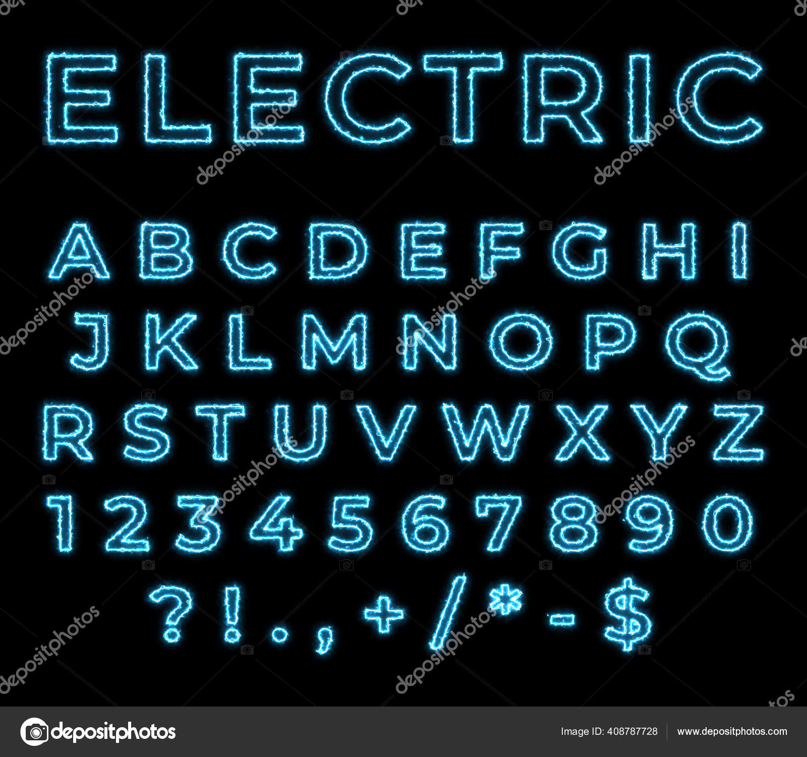 Electric Outline Font Design Light Glow All Caps Alphabet Numbers ...
