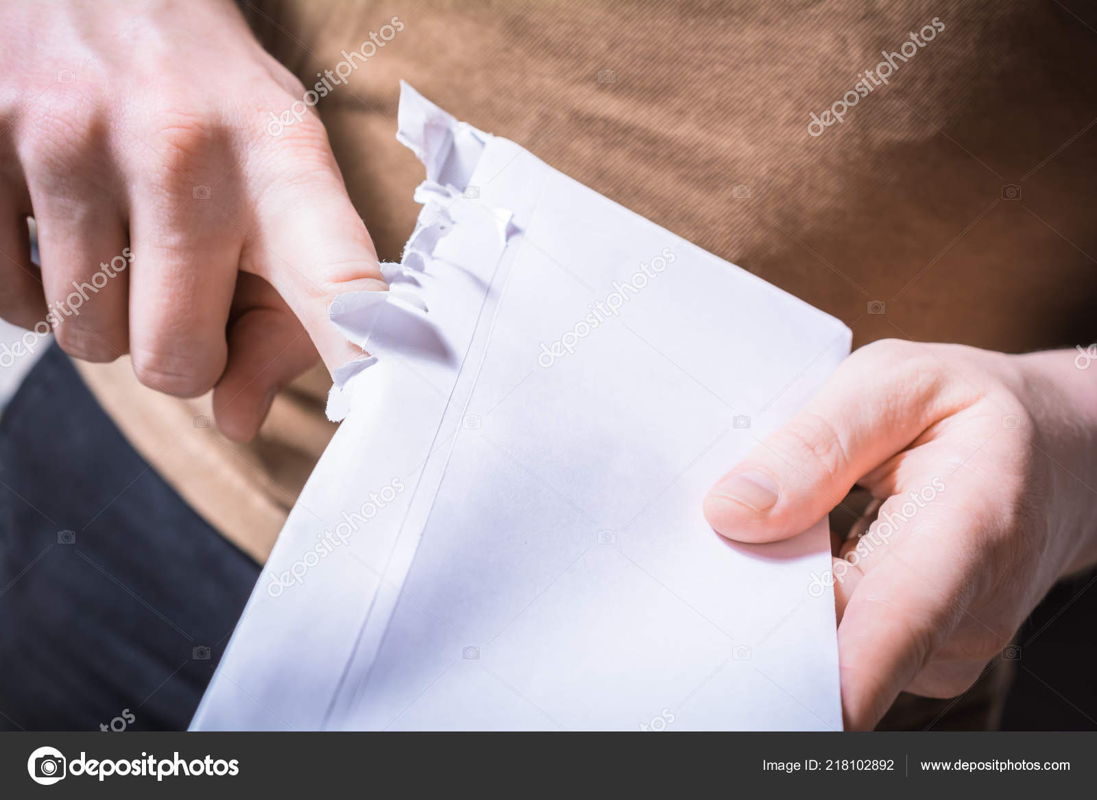 Male Hands Ripping Open The Edge Of An Envelope - Impatient Waiting For ...