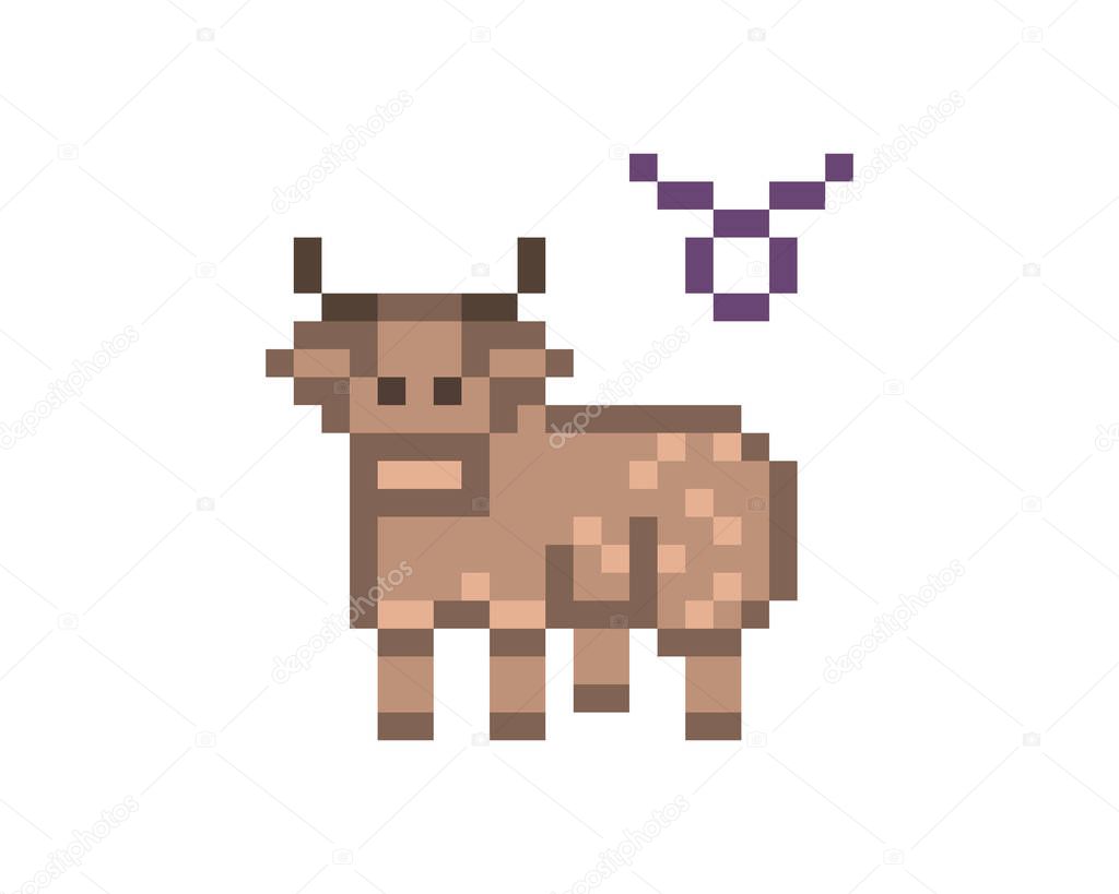 Tauro Signo del zodíaco icono, 8 bit pixel art toro marrón aislado ...