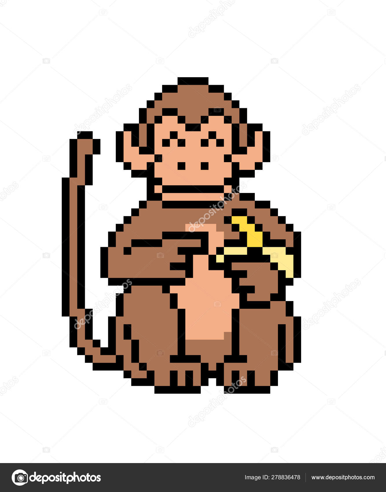 Happy monkey sitting and eating a banana, 8 bit pixel art charac Stock ...
