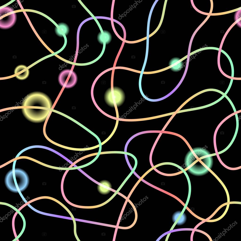 Gradiente de ne n arco iris formas redondeadas y luces sobre fondo negro, estilo futurista retro ...