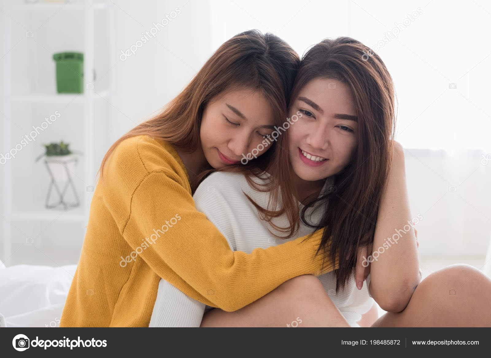 Asia Lesbian Lgbt Couple Hug Sitting Bed White Window Sunlight Stock