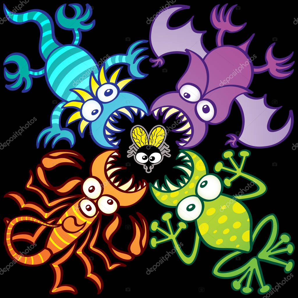 Lagarto azul aterrador, murciélago púrpura, rana verde y escorpión ...