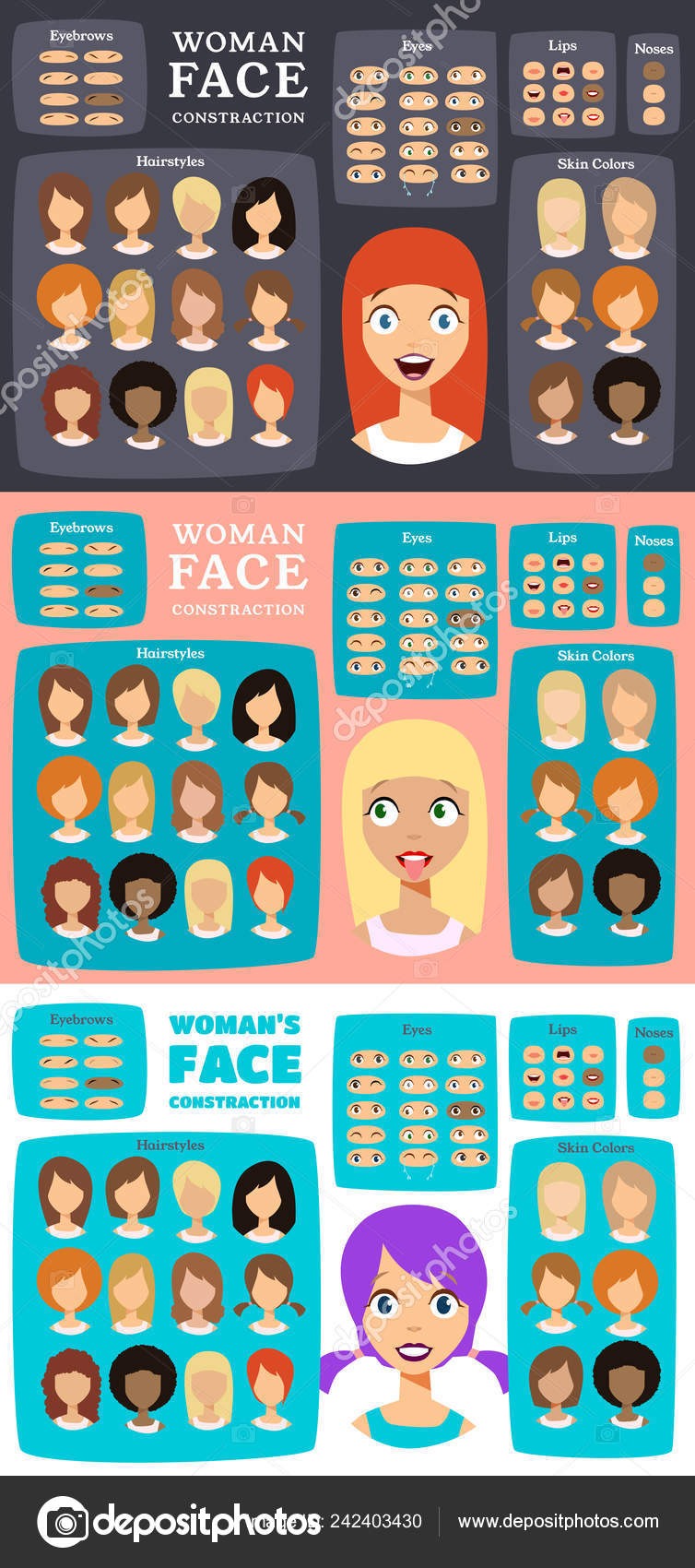 Woman Character Constructor Housewife Hipster Cartoon Woman Face Parts