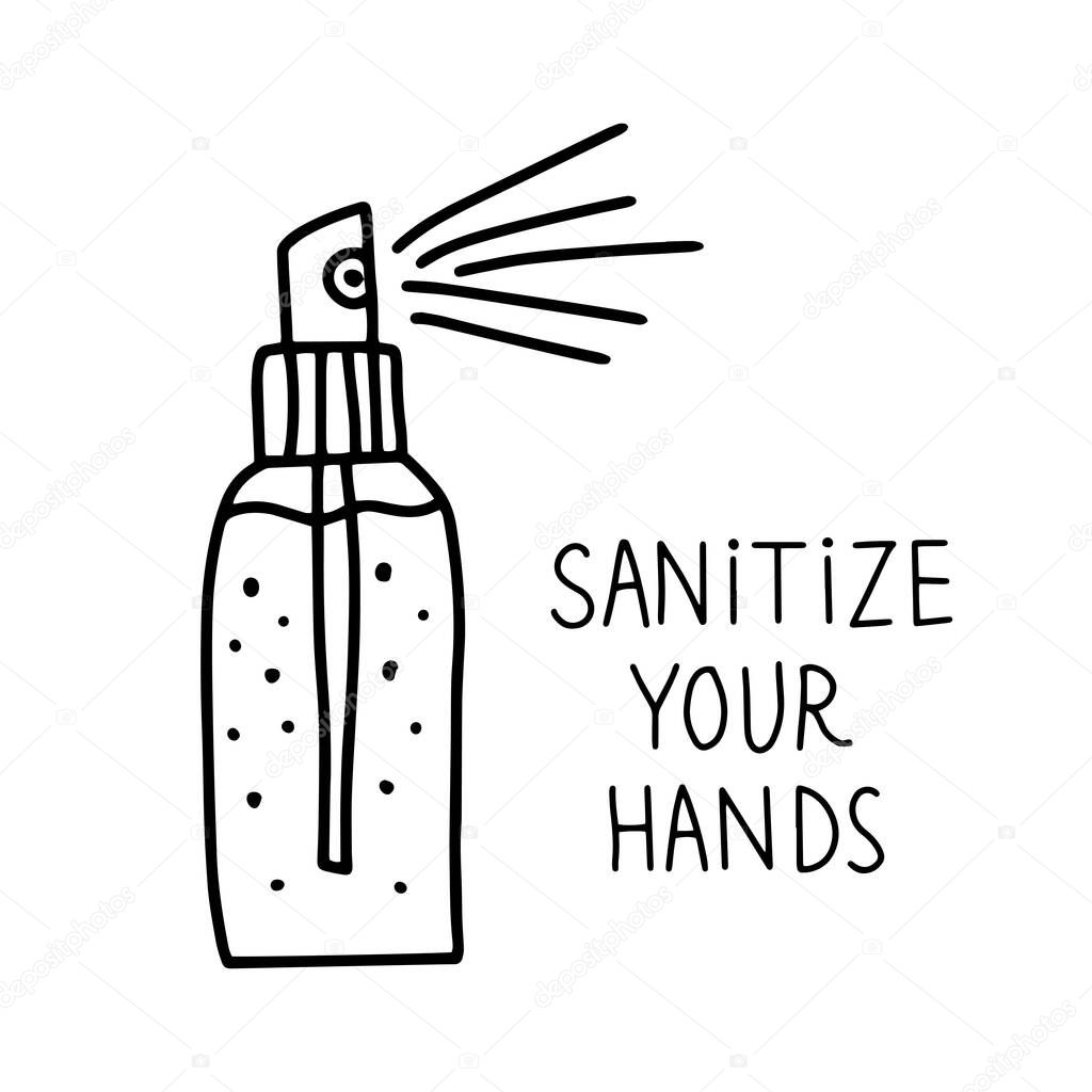 Desinfecte el icono de manos. Desinfectante de manos, use antis ptico. Al estilo Doodle ...