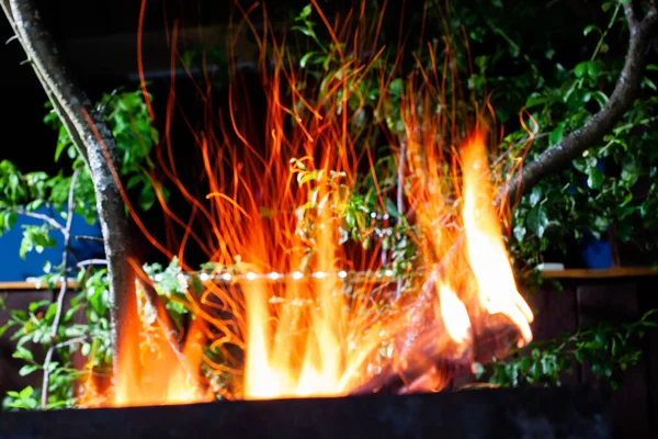 the flame of a fire from a campfire in nature. sparks in the night ...