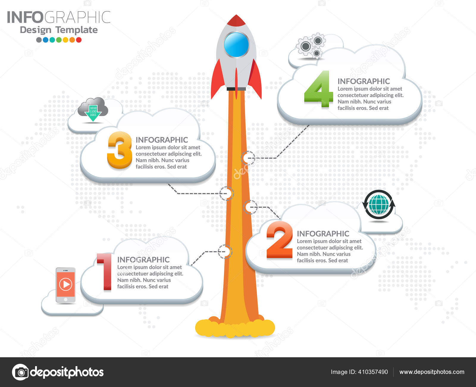 Steps Infographic Design Rocket Spaceship Launches Clouds Stock Vector ...