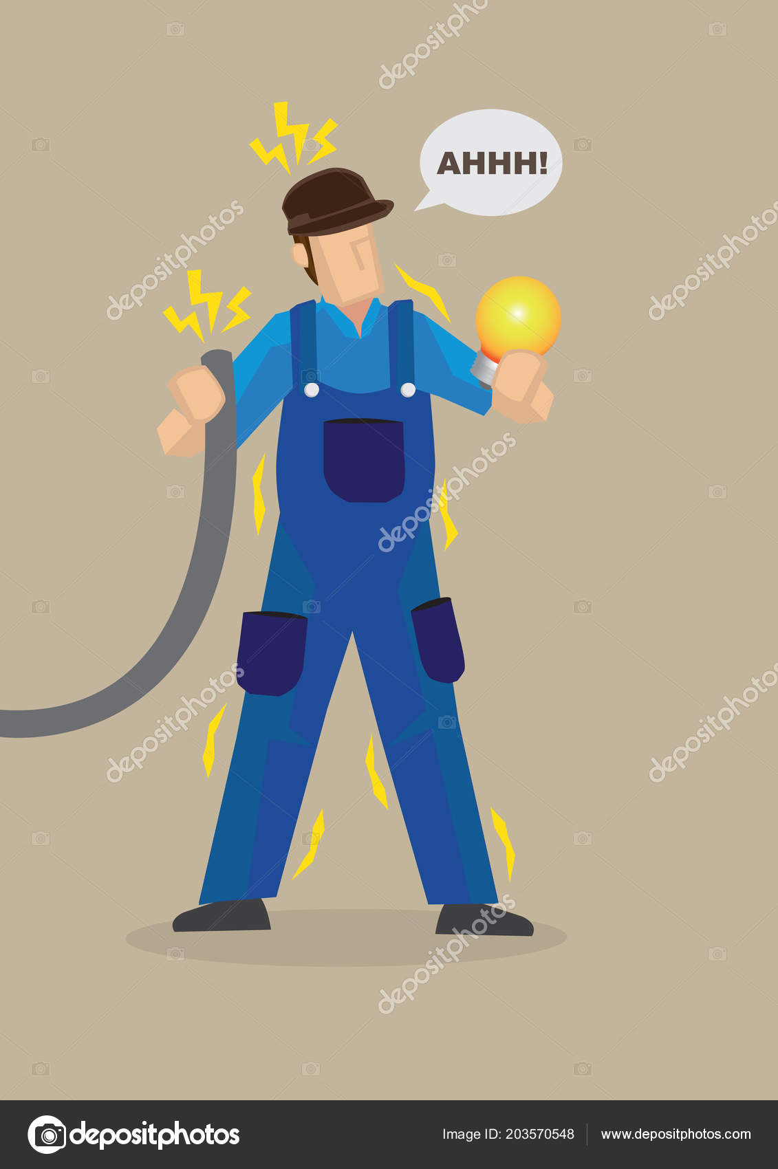 Electrician Holding Wire Light Bulb Getting Electrocuted Vector Cartoon ...