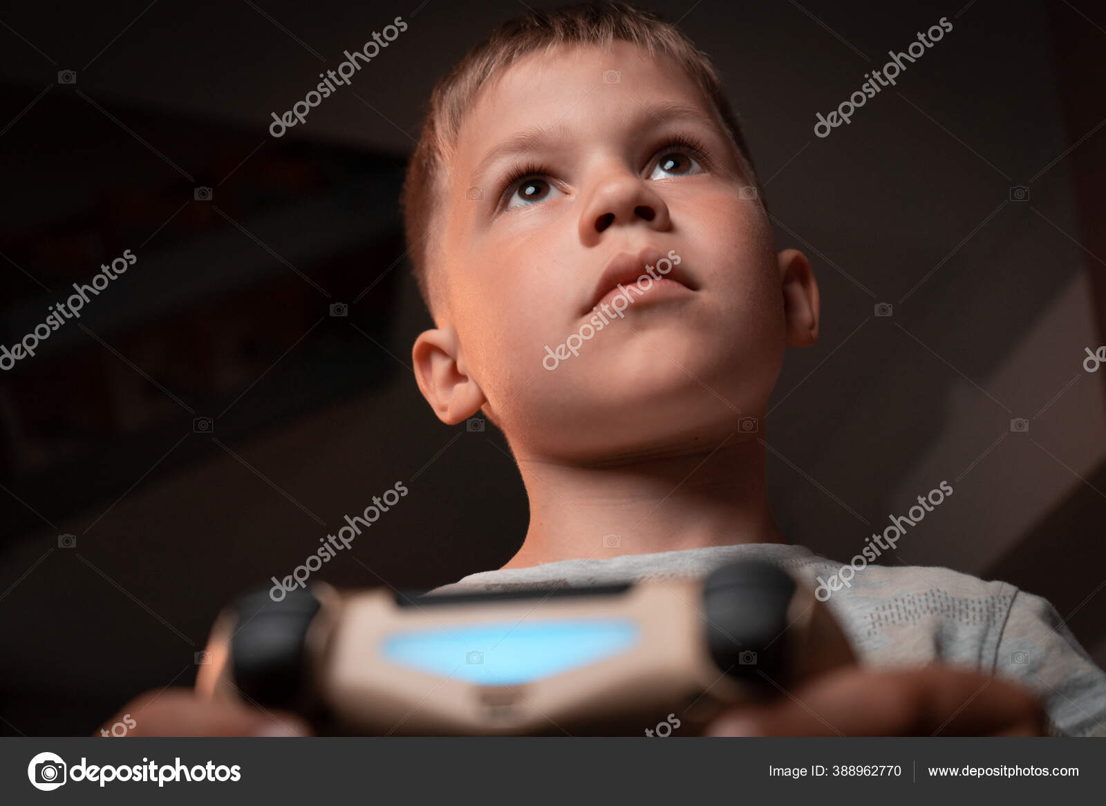 Focused Child Learning Play Video Games Home Small Boy Holding — Stock ...