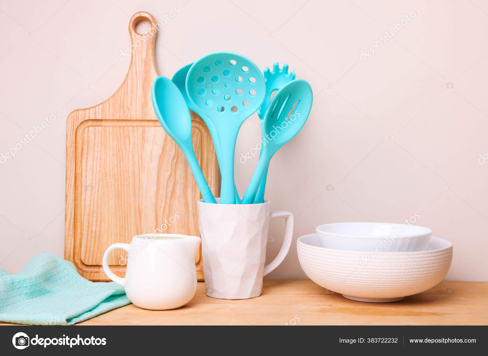 Set Blue Kitchen Utensils Ceramic Cup Tableware Neutral Background ...
