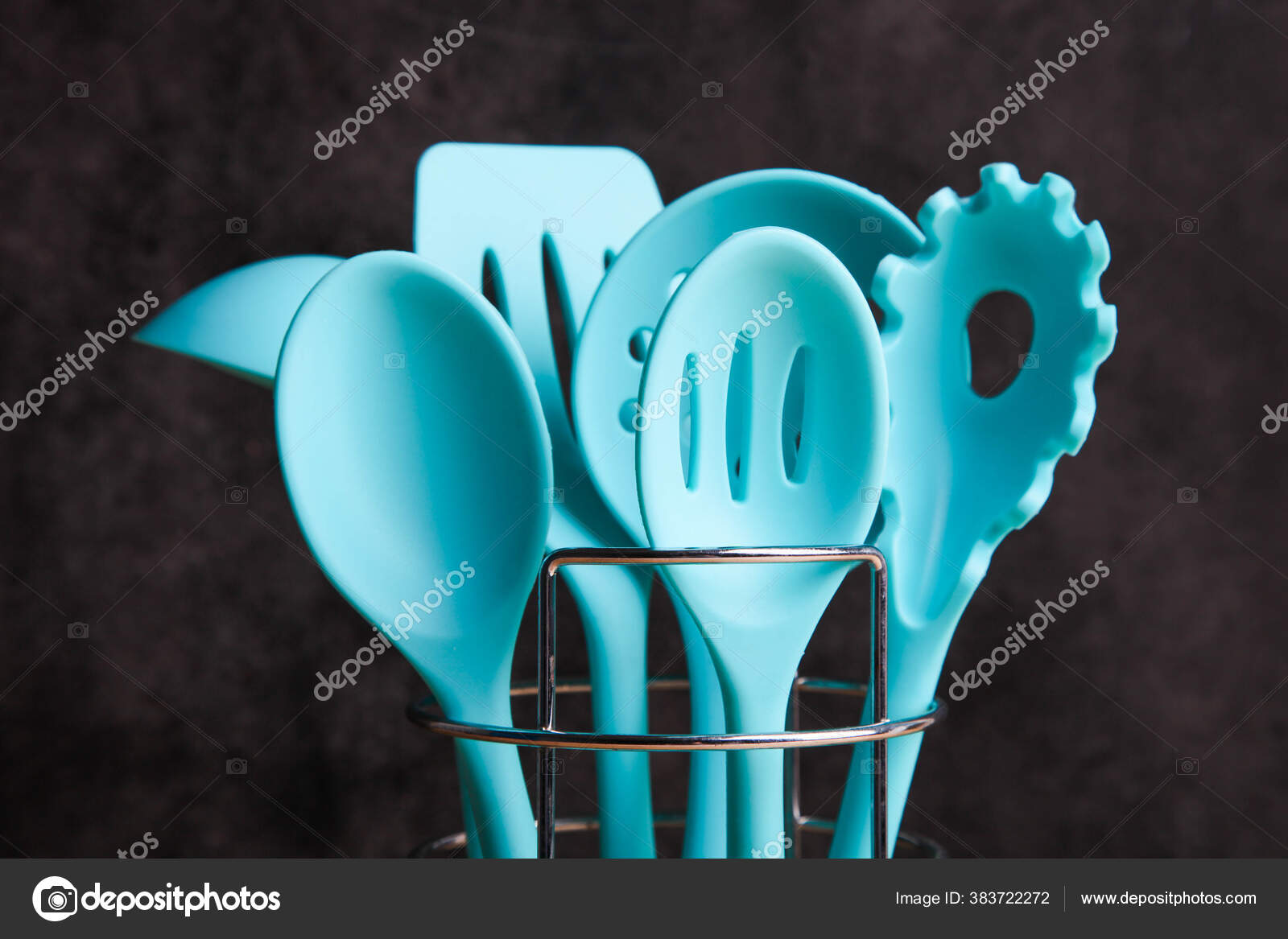 Set Blue Nylon Kitchen Utensils Stand Black Background — Stock Photo ...