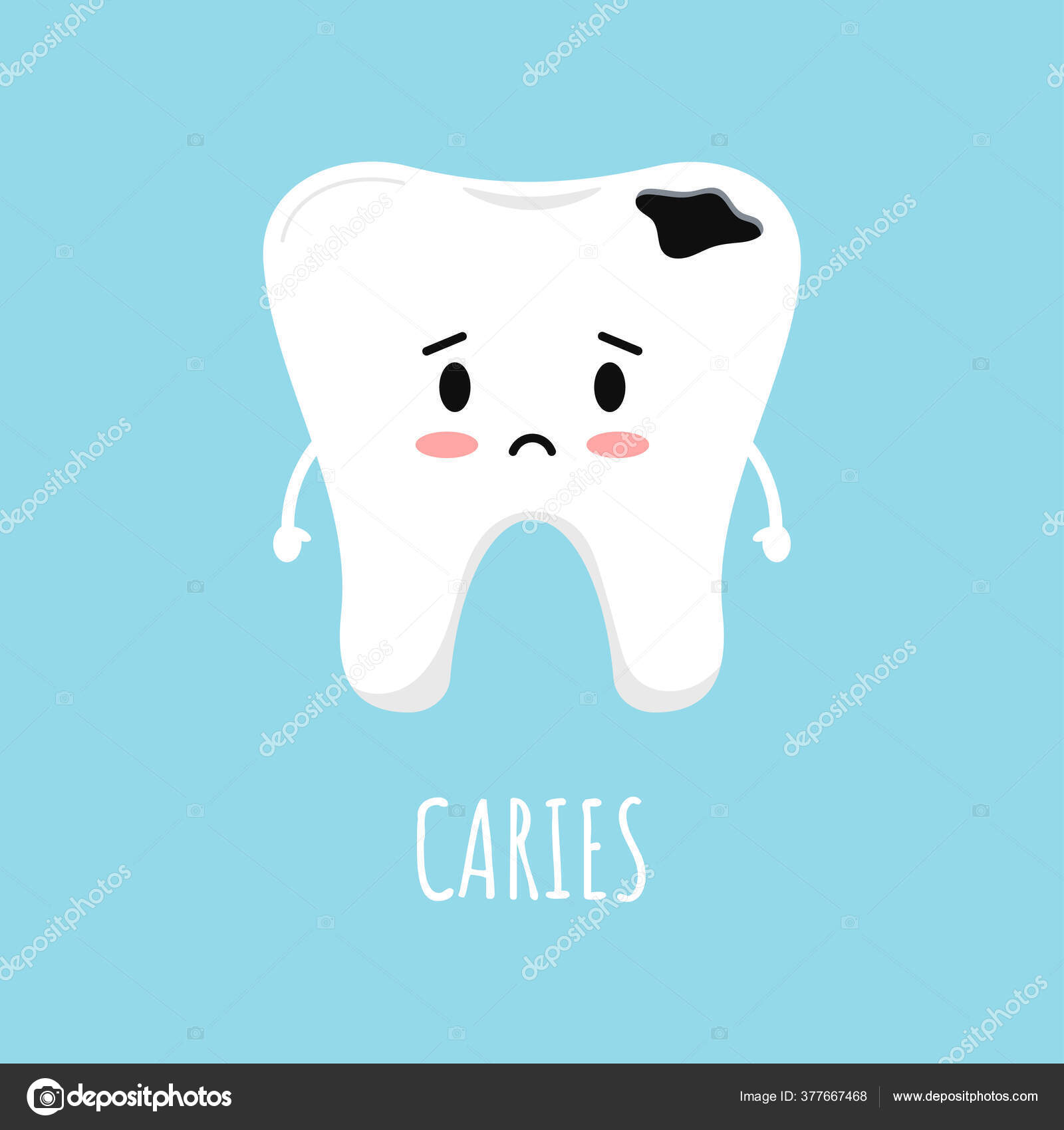 Emotikon gigi yang manis dan menyedihkan dengan karies gigi. Vektor ...