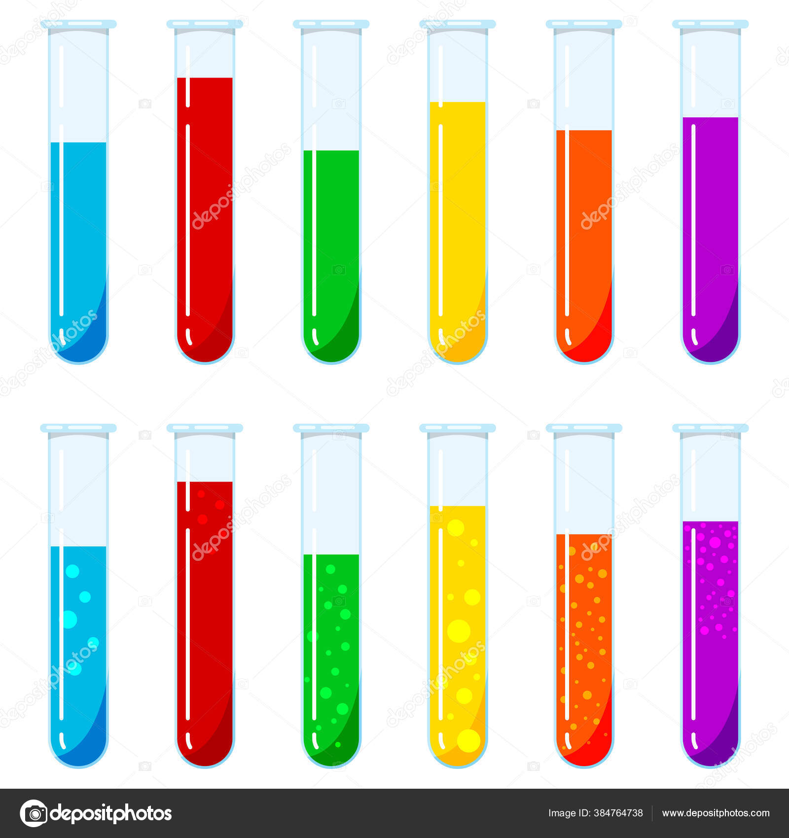 Vector set of glass test tubes with multi-colored liquid reagents with ...