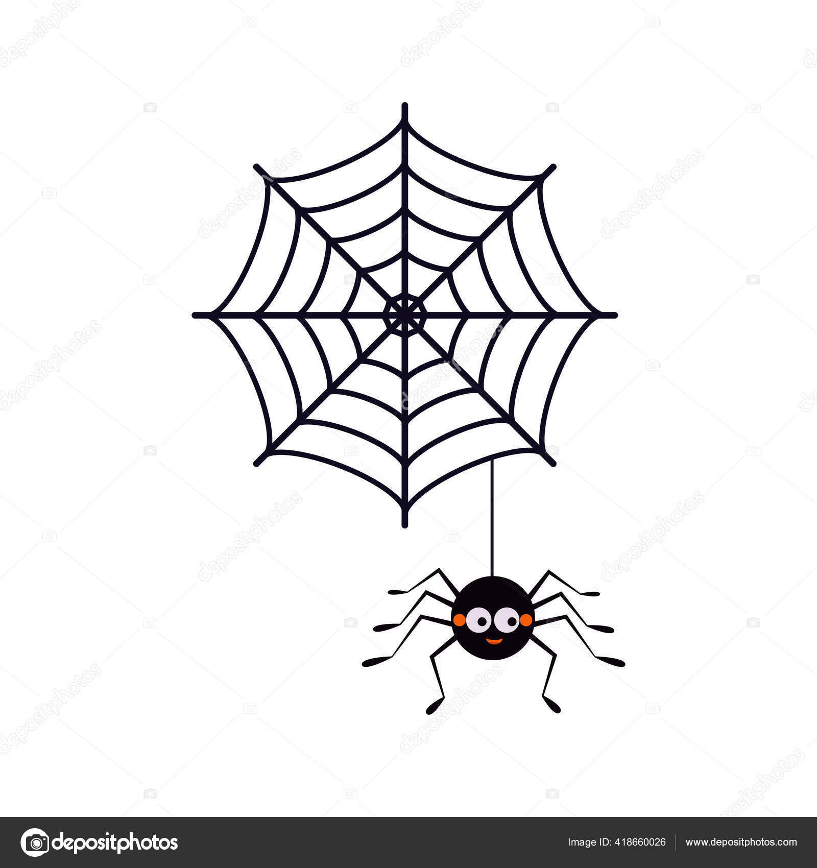 Cute black spider hanging on a string with cobwebs icon isolated on ...
