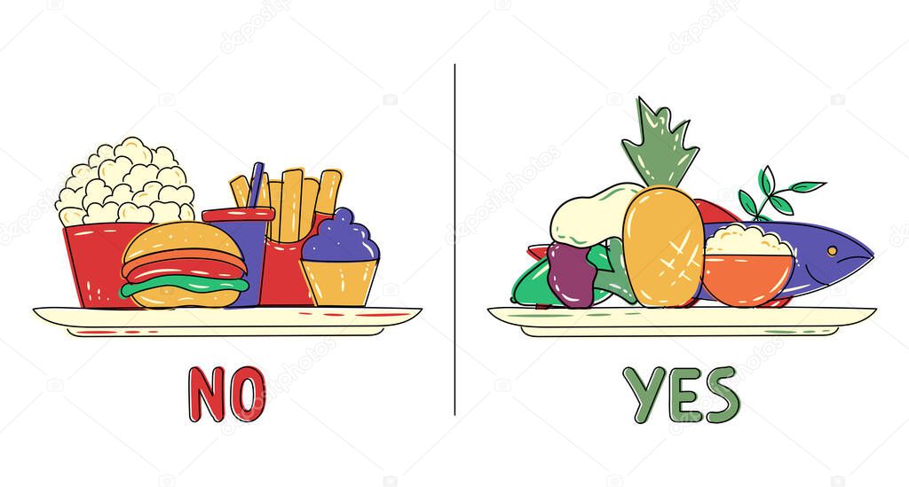 Comida sana y chatarra / poco saludable. Pescado, requesón, frutas y ...