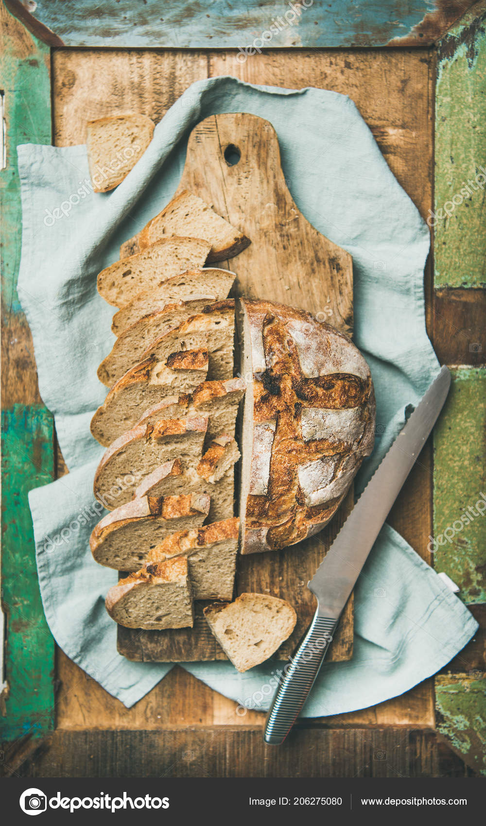 Freshly Baked Sourdough Wheat Bread Loaf Halved Cut Slices Board ...