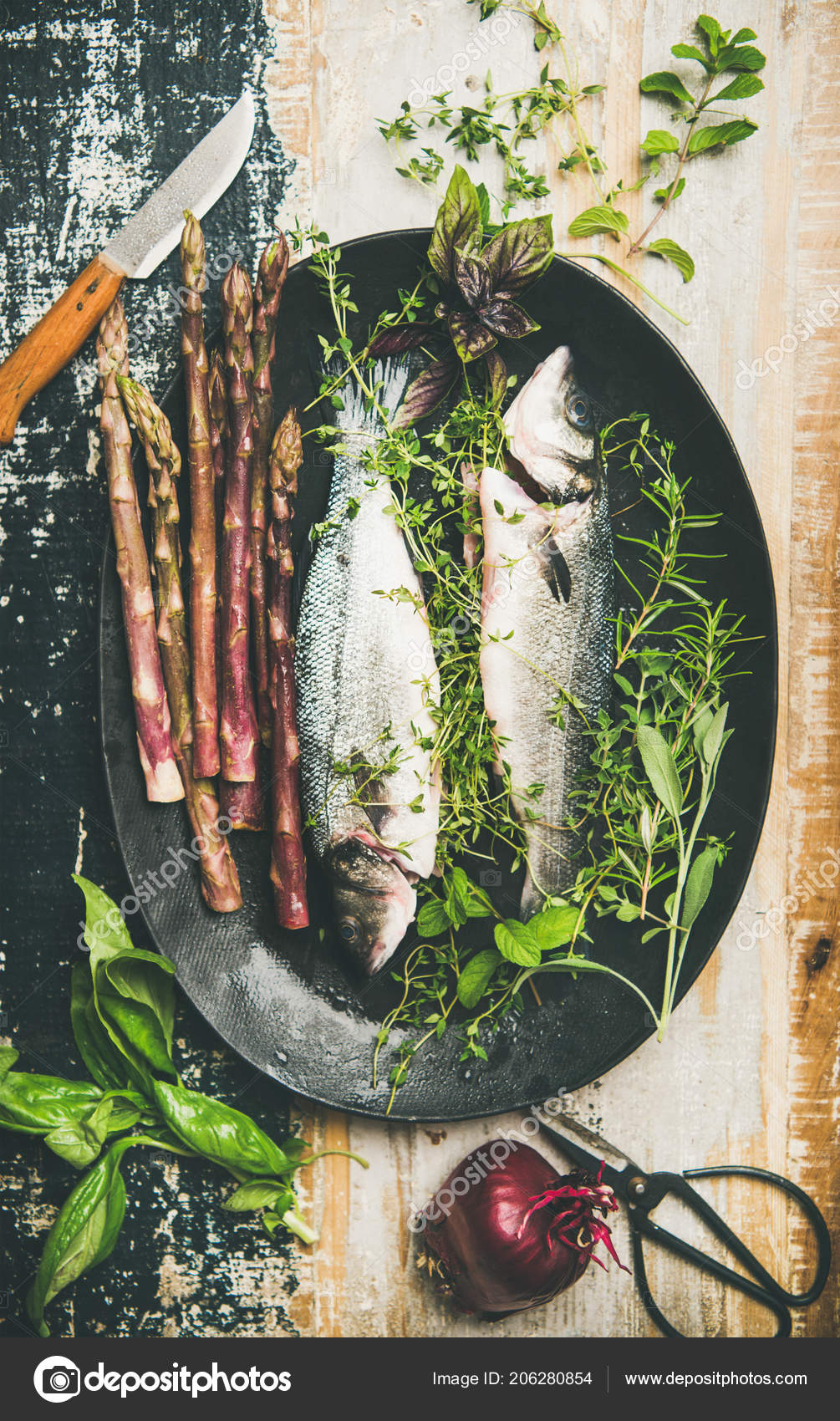 Raw Uncooked Sea Bass Fish Fresh Herbs Vegetables Dark Plate — Stock ...