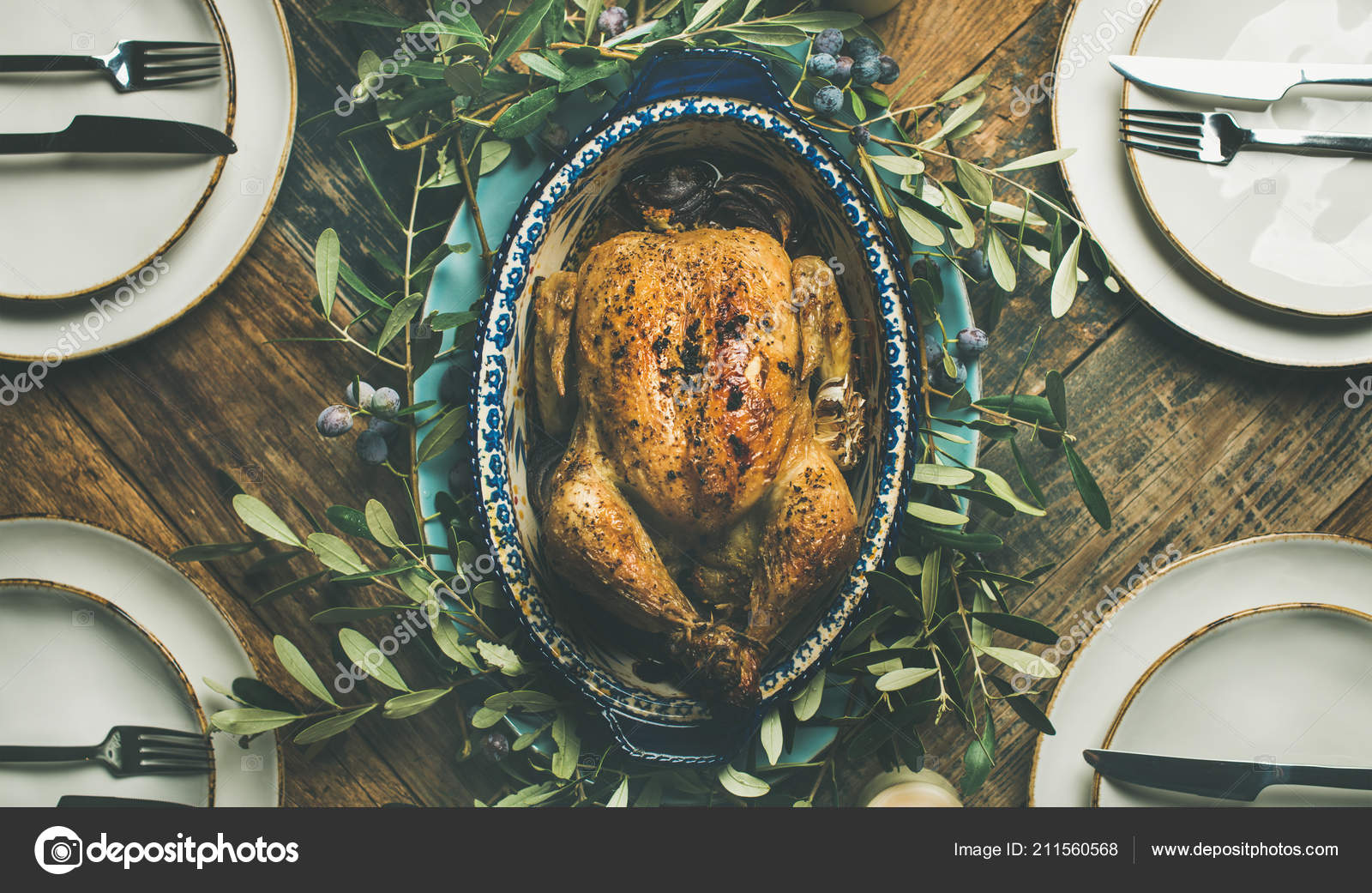 Whole Roasted Chicken Tray Christmas Eve Celebration Rustic Wooden ...