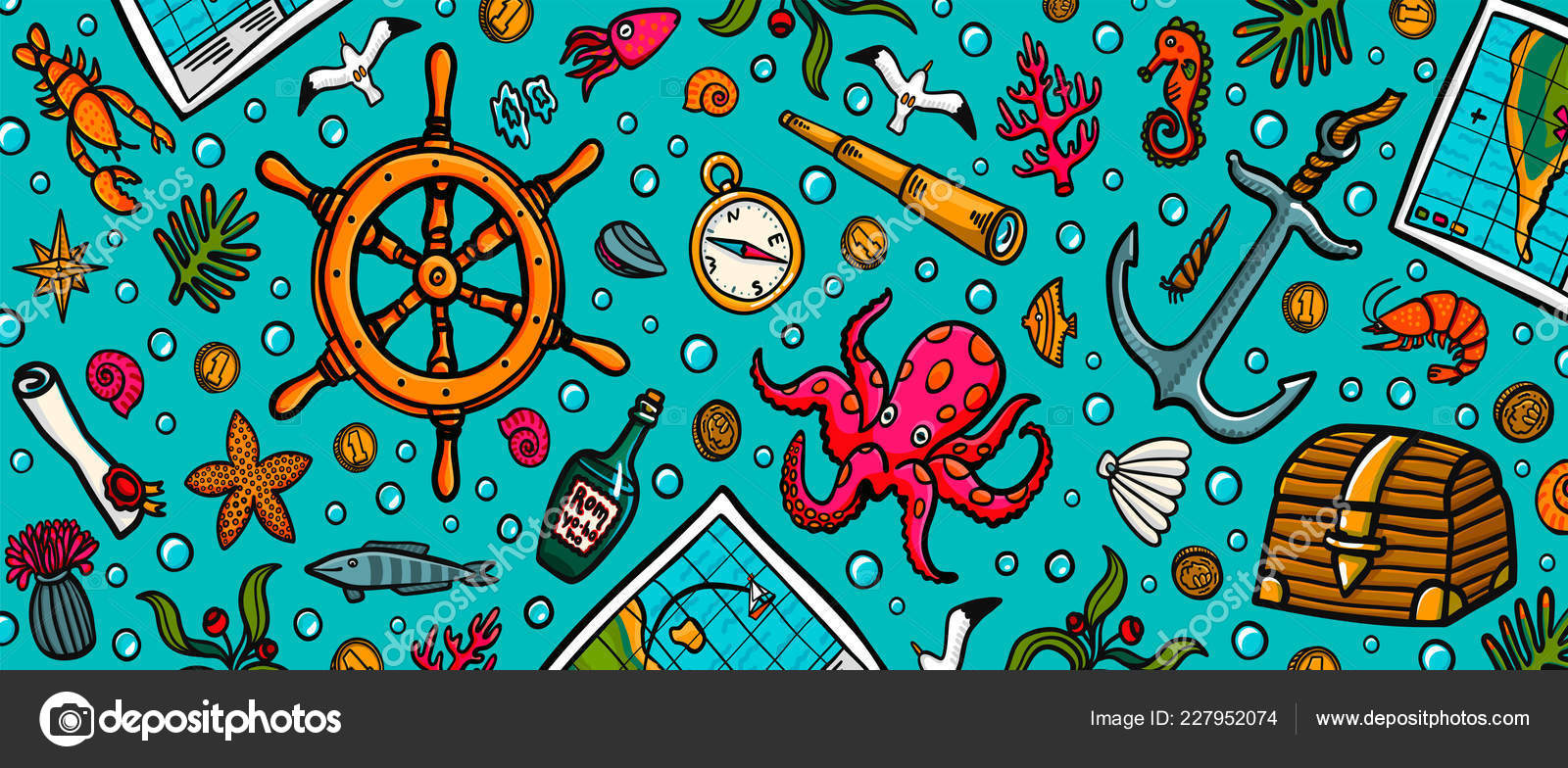 Sea adventures template. Marine hand drawn vector and objects. Doodle ...