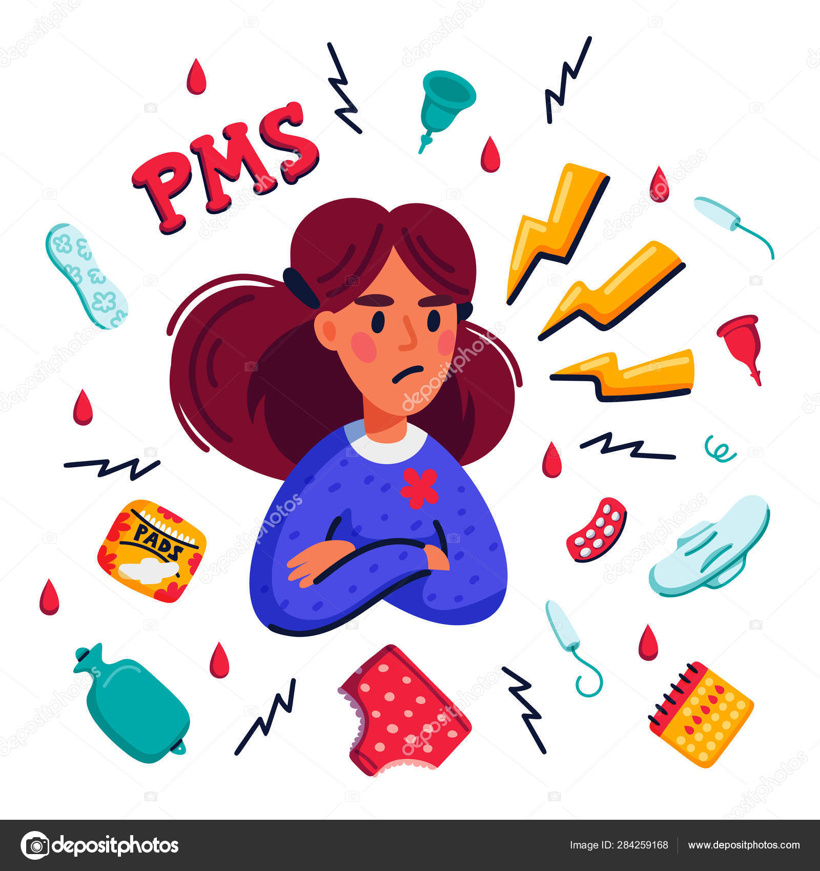 PMS concept. Woman suffering from premenstrual syndrome and related ...