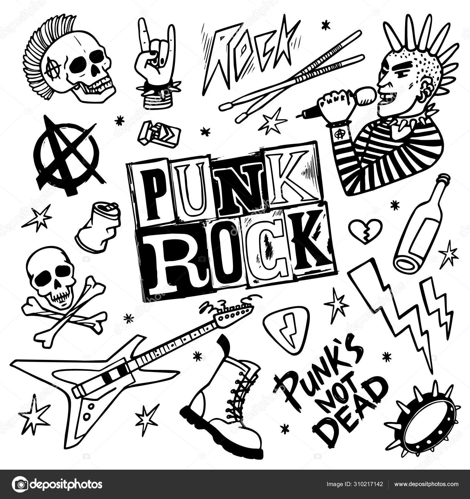 Punk rock set. Punks not dead words and design elements. vector ...