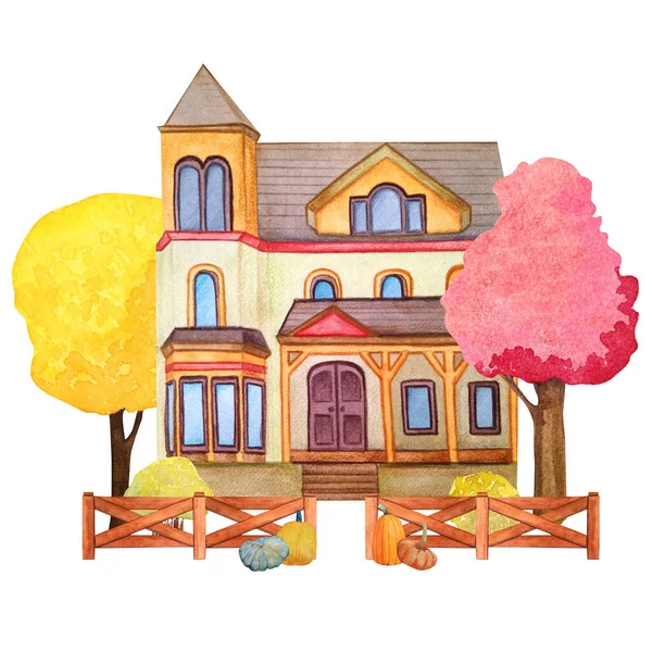 Watercolor Composition Black Autumn House Isolated White Background ...