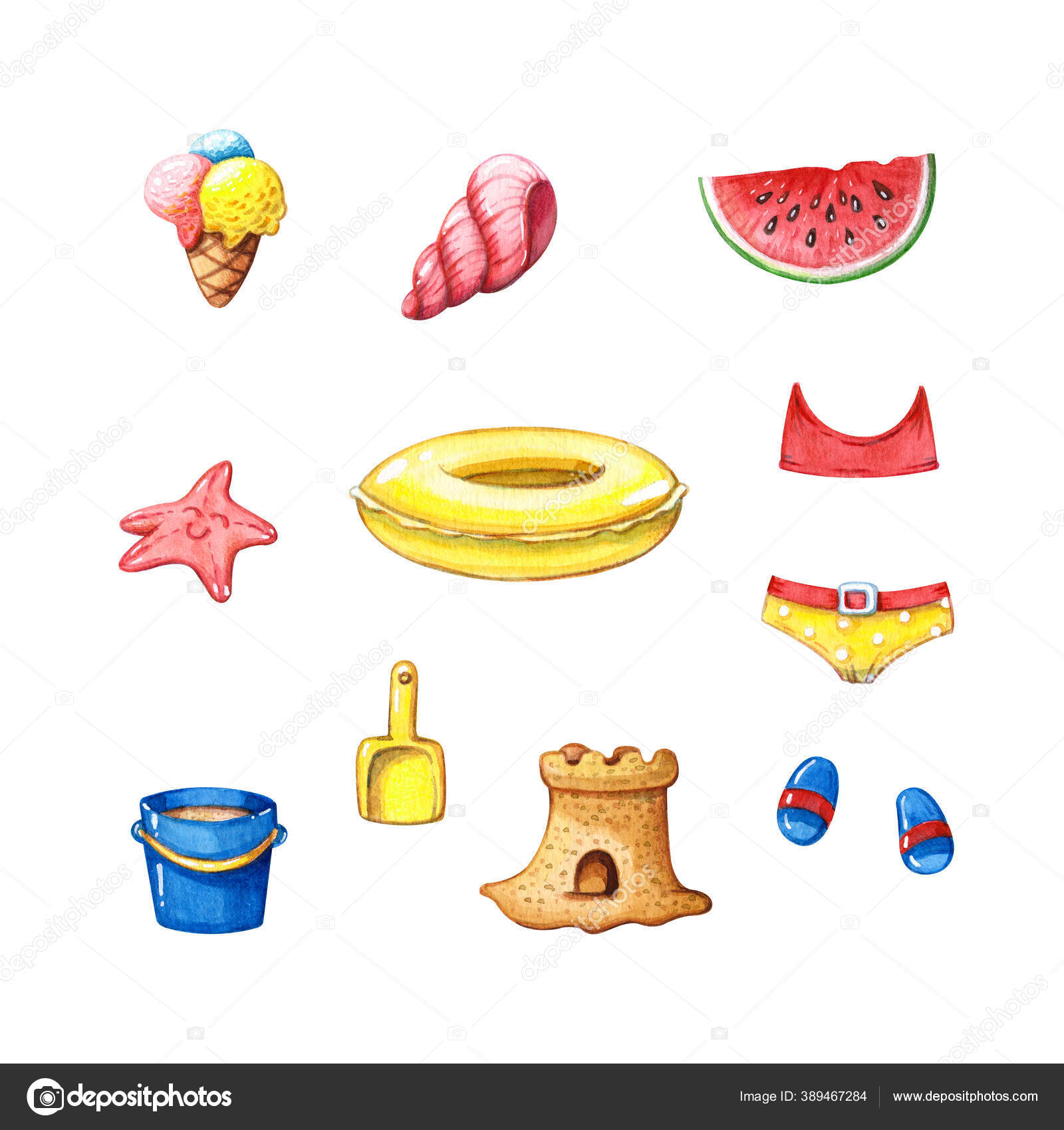 Hand Drawn Watercolor Clipart Set Beach Toys Sand Castle Swimsuit Stock ...