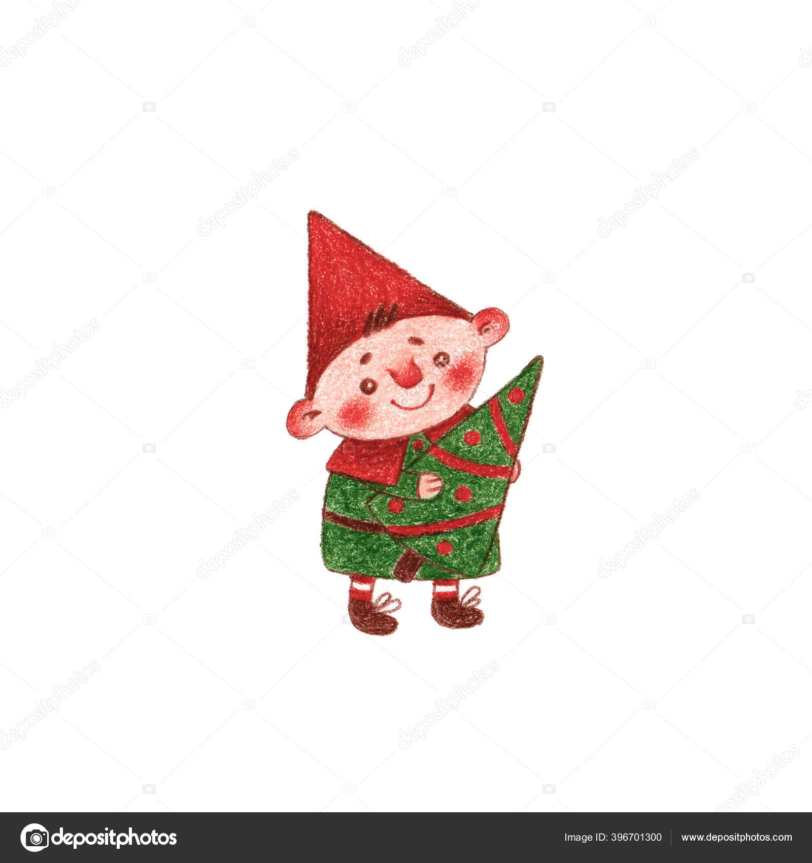Hand Drawn Color Pencil Illustration Cartoon Cute Little Dwarf Santa ...