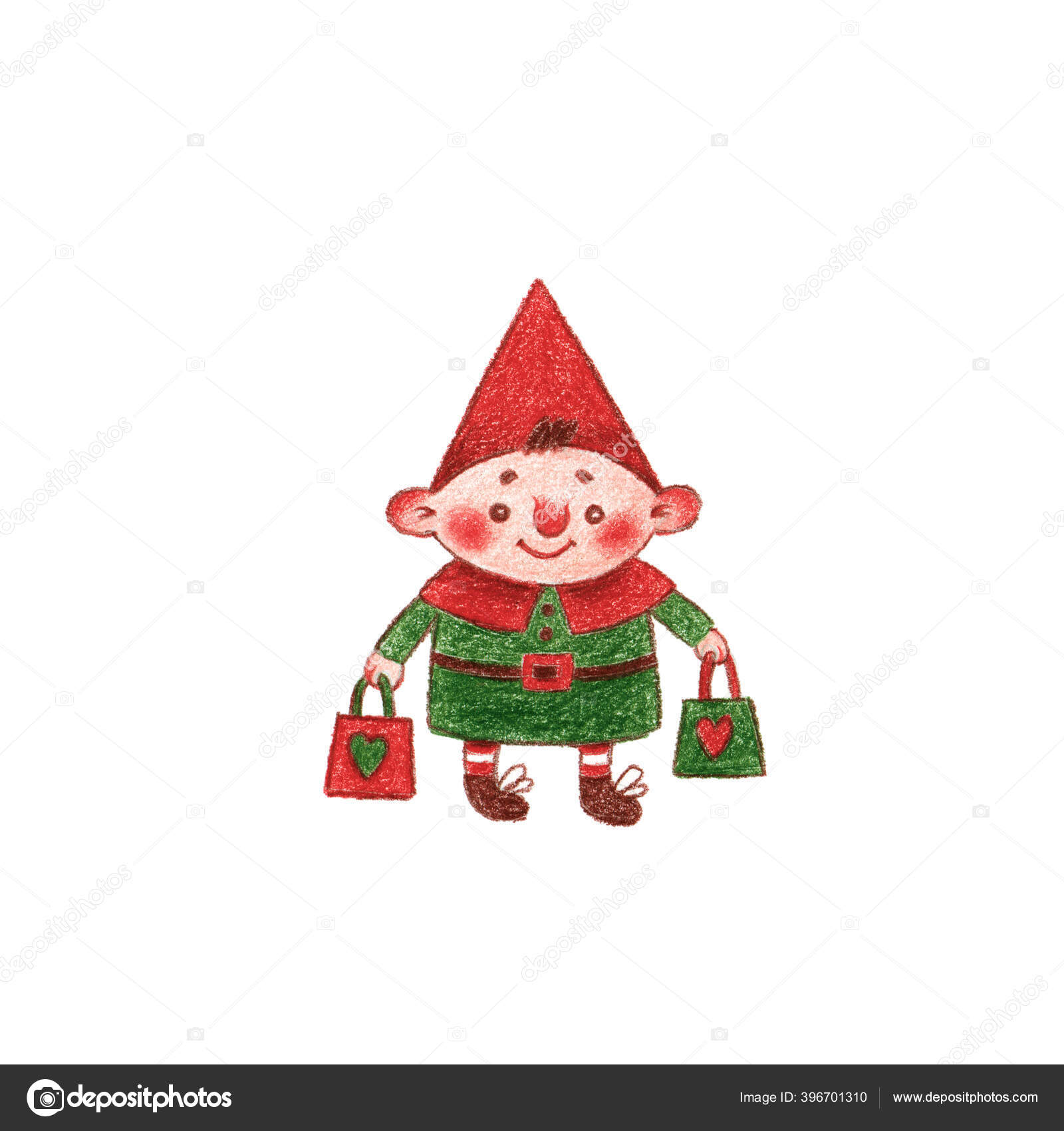 Hand Drawn Color Pencil Illustration Cartoon Cute Little Dwarf Santa ...