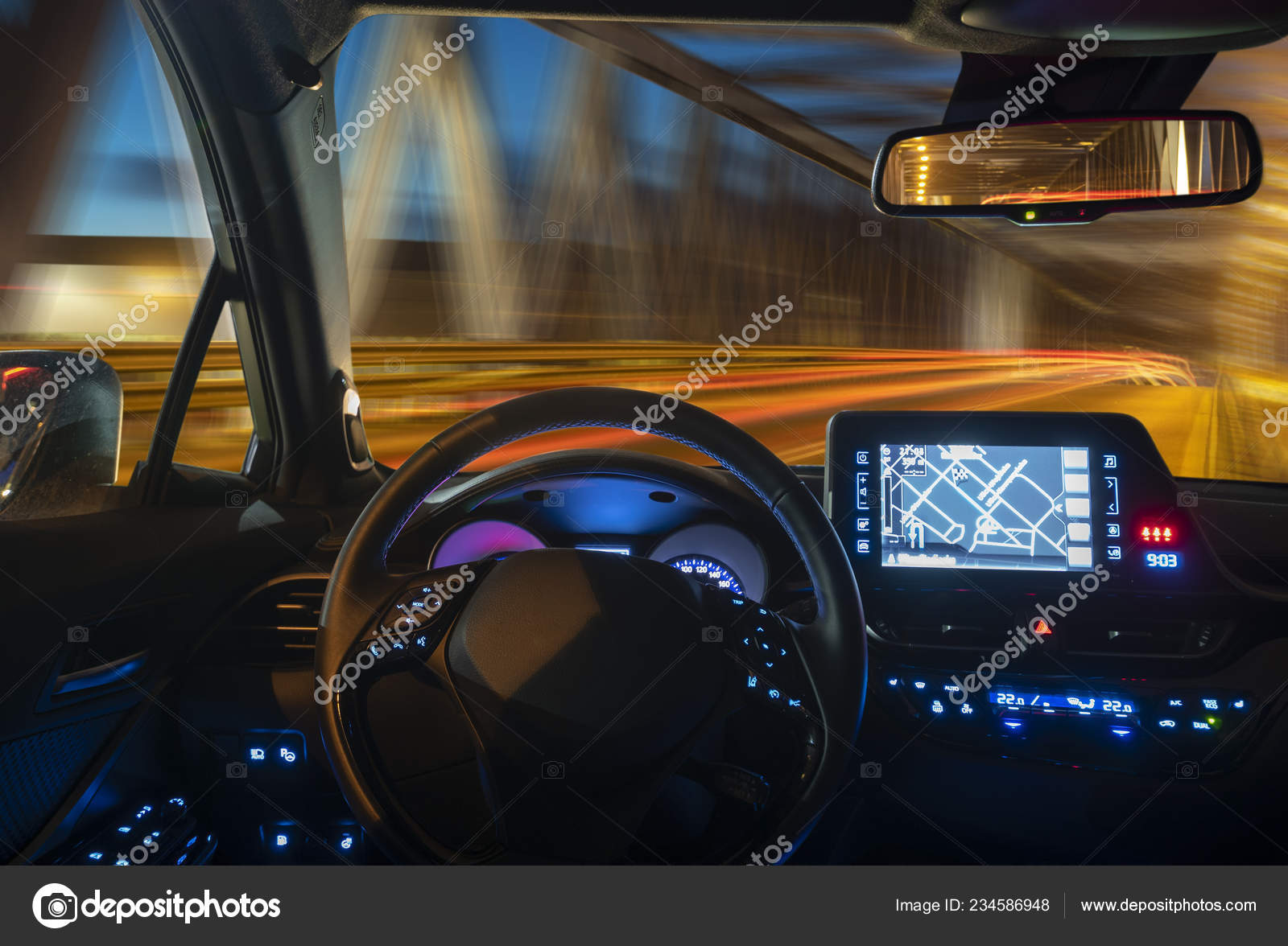 Concept Cockpit Autonomous Car Driving Night Illuminated Tunnel — Stock ...