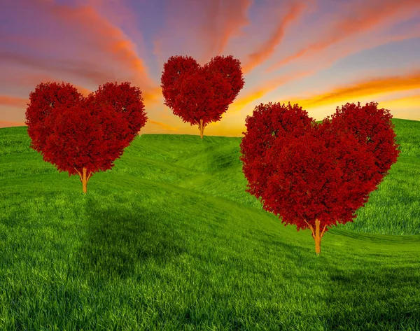 red heart-shaped trees on a spring field, concept of love and valentine ...