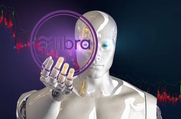 robot humanoide sostiene la moneda Libra. Ilustración 3d 2023