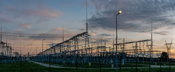 Transformer Station Power Transmission Lines Setting Sun Stock Photo by ...