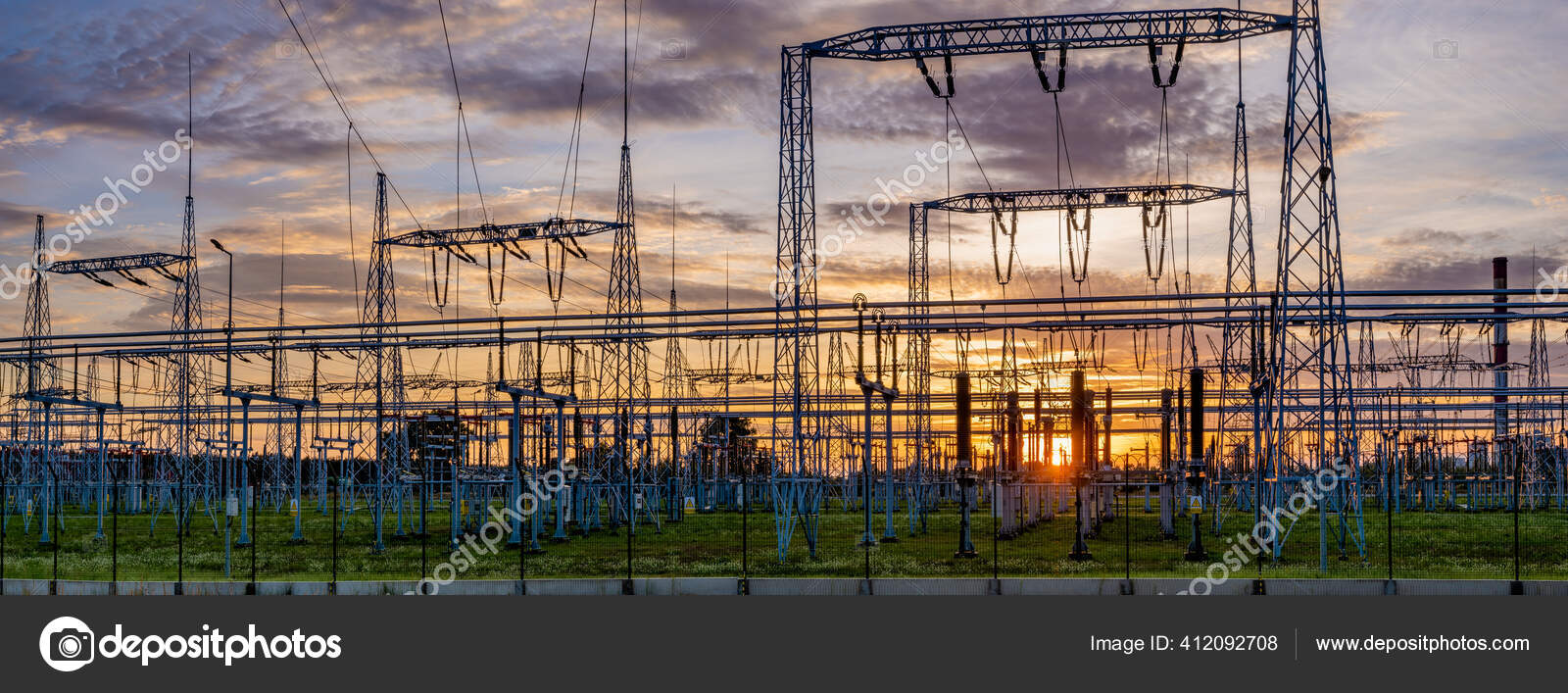 Transformer Station Power Transmission Lines Setting Sun Stock Photo by ...