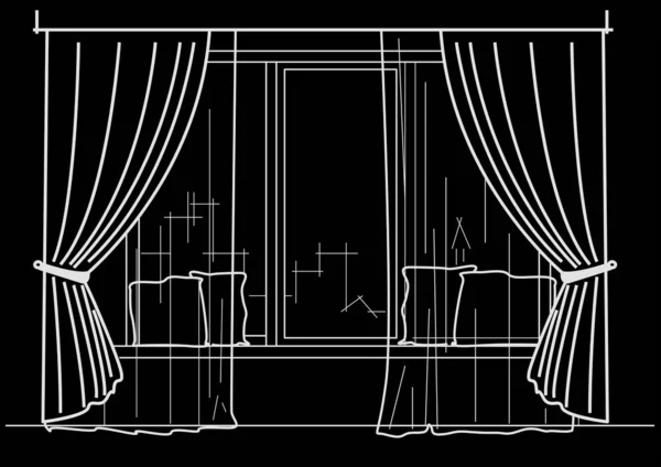 Linear architectural sketch big window with curtains and cushions on ...