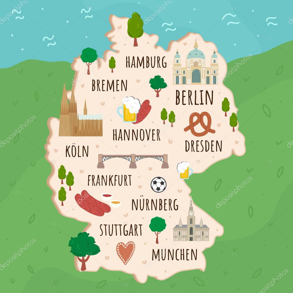 Almanya 'Nın Çizgi Film Haritası Alman Simgeleriyle Binalarla ...