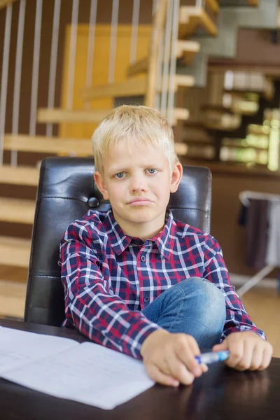 Sad Schoolboy Writing Notebook Home Homework Education Childhood People ...