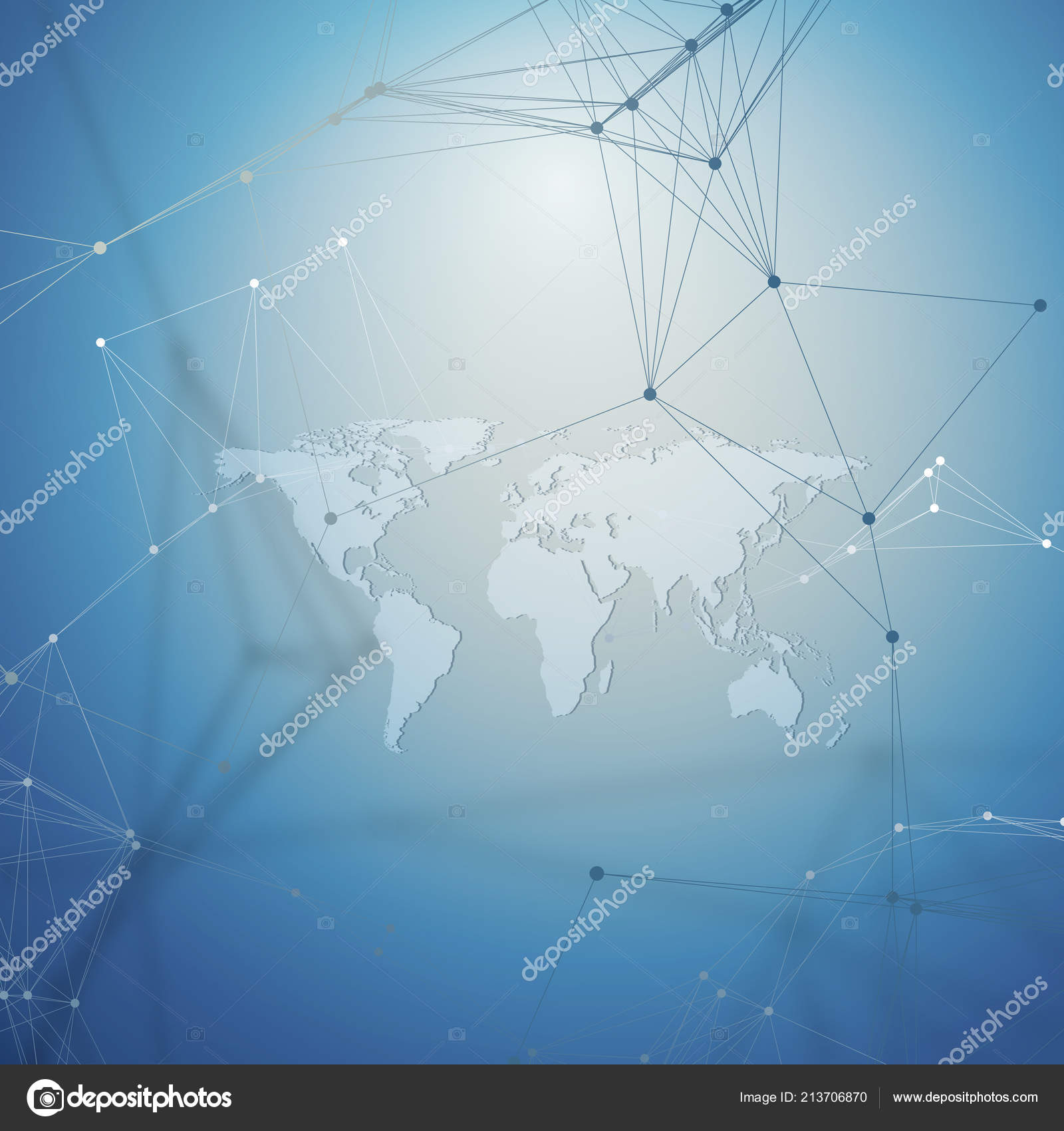 World map with shadow on blue. Abstract global network connections, geometric design technology ...