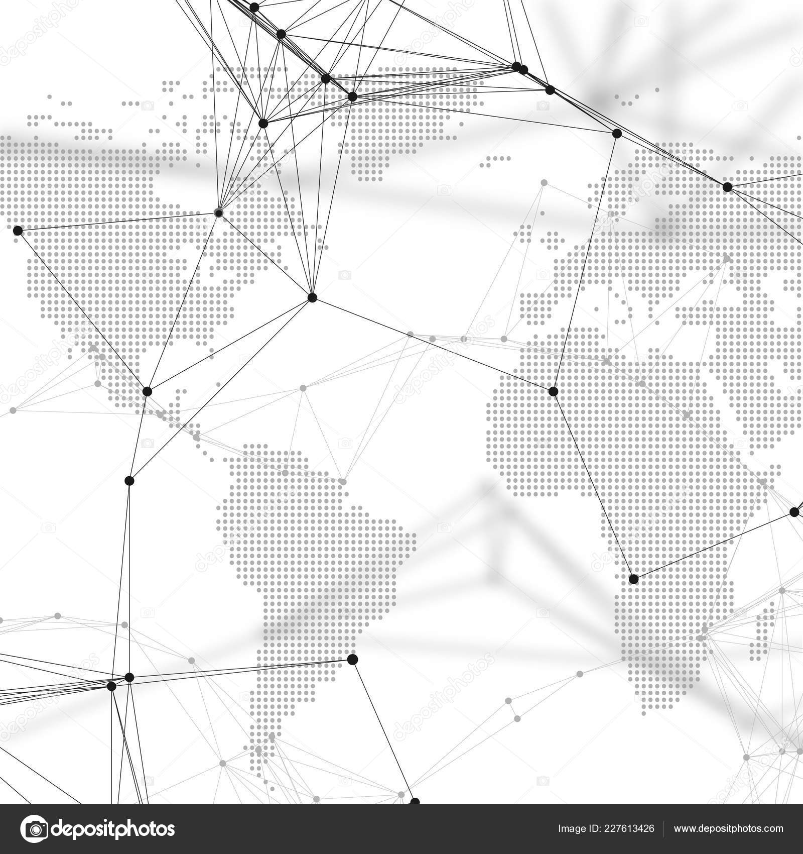 Dotted world map with chemistry pattern, connecting lines and dots ...