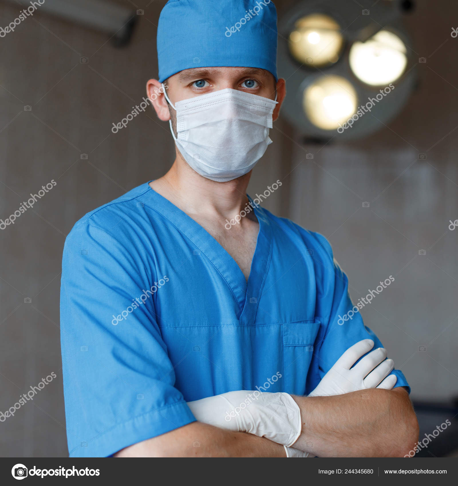 Young Surgeon Blue Uniform Medical White Mask Rubber Gloves Standing ...